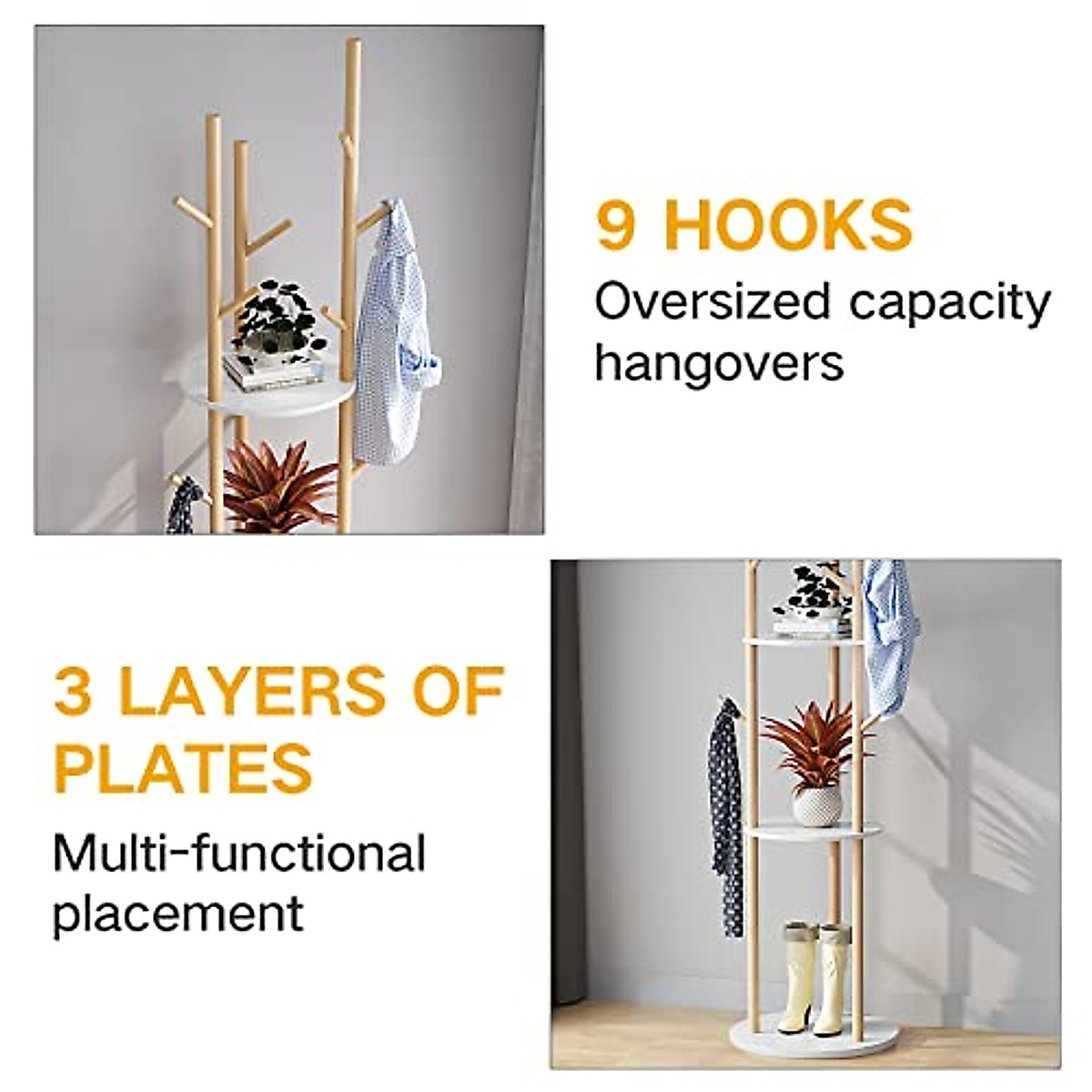 LIWSHWZ Freestanding Coat Rack with 9 Hooks and 3 Shelves, Hall Tree for Jackets, Coats, Hats, Bags, for Home Office Entryway Corridor (White)