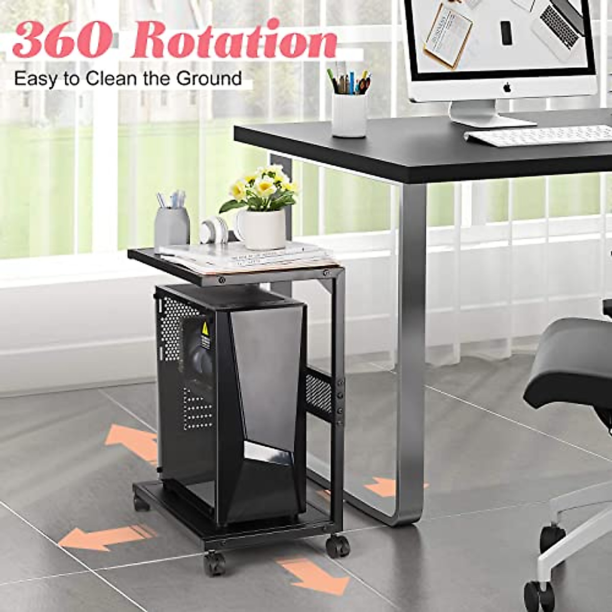 Liitrton PC Stand Iron Computer Tower Stand 2-Tier CPU Stand with Locking Caster Wheels for Office Home Fits Most PC (Iron-Black)