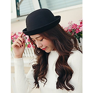 Lujuny Classic Wool Round Bowler Hats - Trendy Derby Fedora Bucket Caps with Roll-up Brim for Youth Petite (Black)