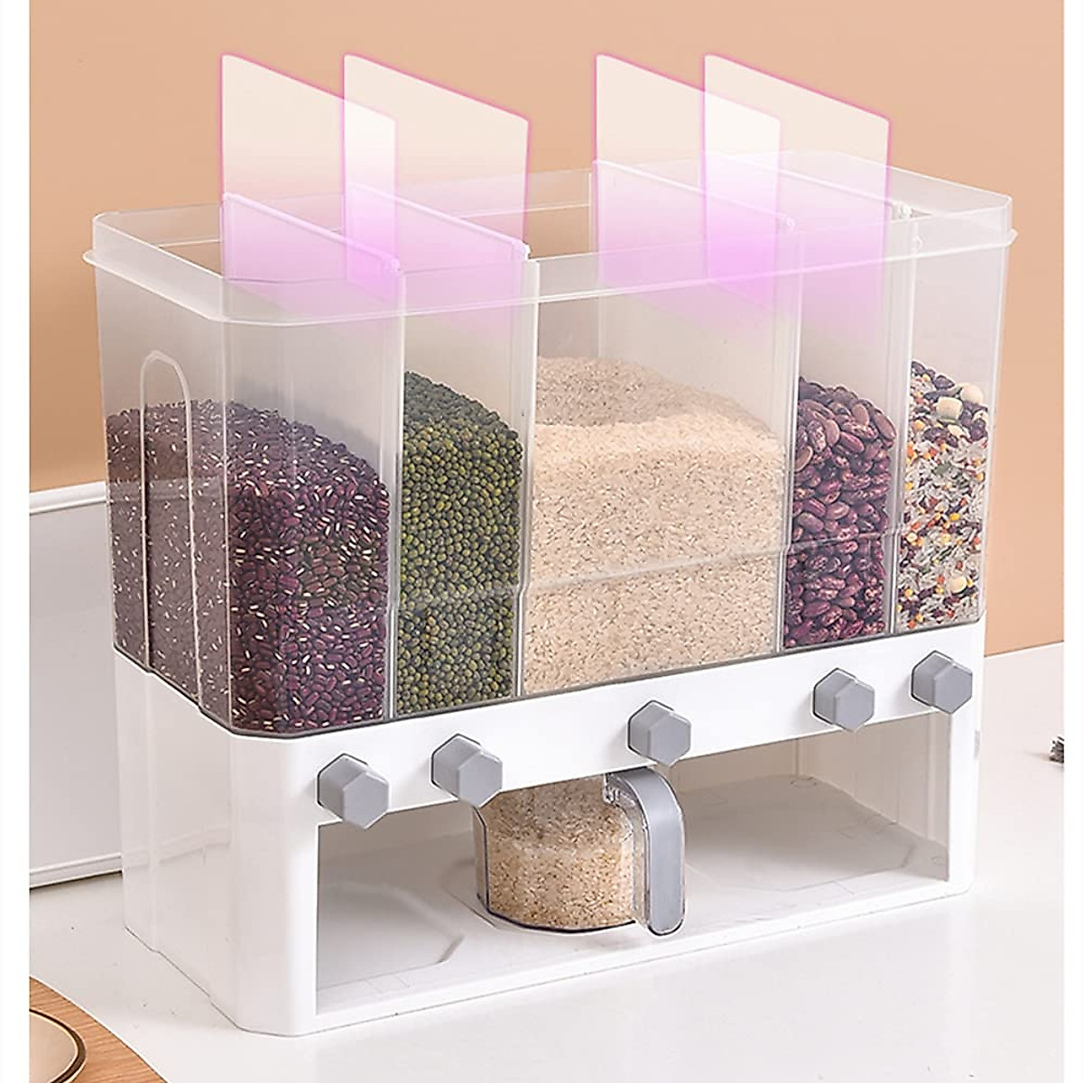 xingxinqi Cereal Dispenser Plastic Clear Dry Food Dispenser with Lid 5 Grid Rice Dispenser Storage Box Rice Bucket Container, White (55B27DSKDFI177WC0541W)