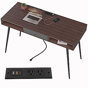 kevinplus Computer Writing Desk 46.8'' with Fast Charge USB Port & Power Outlet, Mid-Century Modern Study PC Desk with Type-C Ports Charging Station, Home Office Desk with Drawer, Walnut & Dark Grey