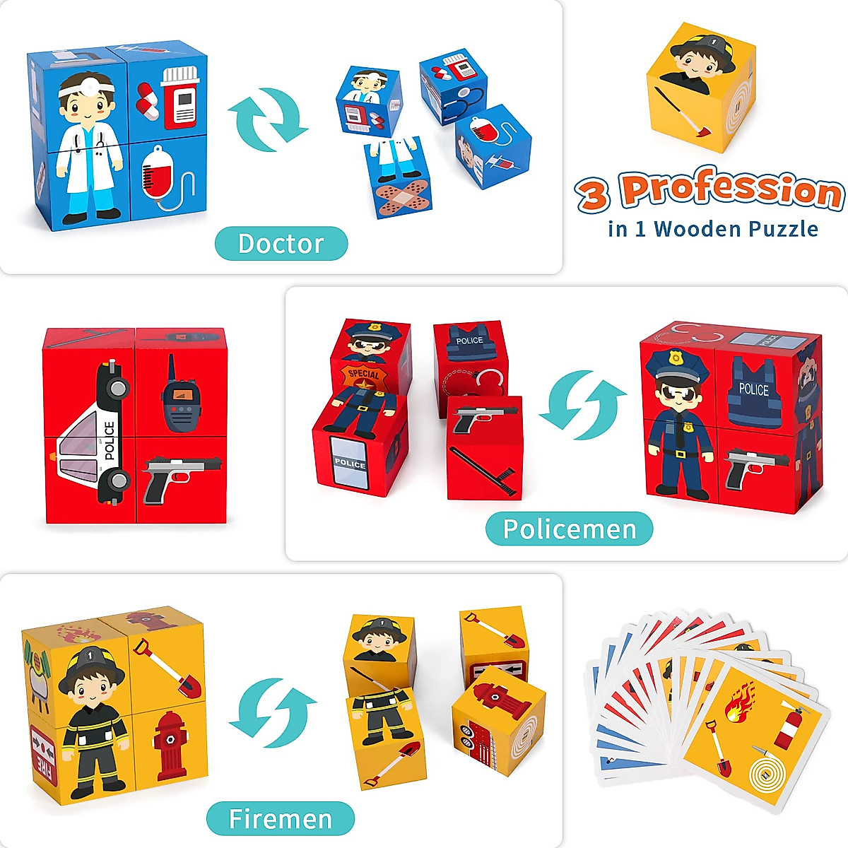 Atoylink 6 in 1 Educational Toys for 2 3 4 5 Year Old Kids Toddlers Wooden Cube Puzzles Occupations Pretend Play Matching Blocks Preschool Montessori Toys for Boys Girls Gifts - 12pcs