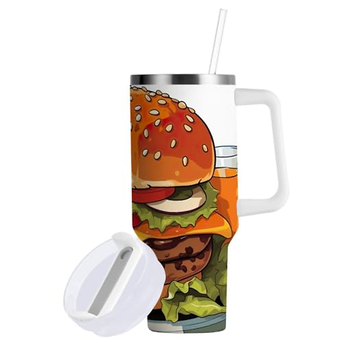 Jihqo Cartoon Burger 40 oz Stainless Steel Vacuum Insulated Tumbler with Handle and Straw Lid, Leakproof Water Bottle Double Wall Travel Mug Coffee Cup, Cupholder Friendly