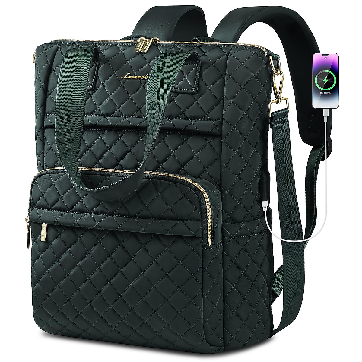 LOVEVOOK Laptop Backpack for Women 17 inch,Diamond Quilted Convertible Backpack Tote Laptop Computer Work Bag,Womens Travel Backpack Purse College Teacher Carry on Back pack with USB Port,Dark Green