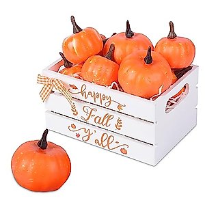 10 Pcs Thanksgiving Pumpkin Mini Wood Crate Set Happy Fall Y'all Table Centerpiece Artificial Pumpkins Fall Table Decor Harvest Tiered Tray Decorations for Thanksgiving Gift Kitchen Home Decor