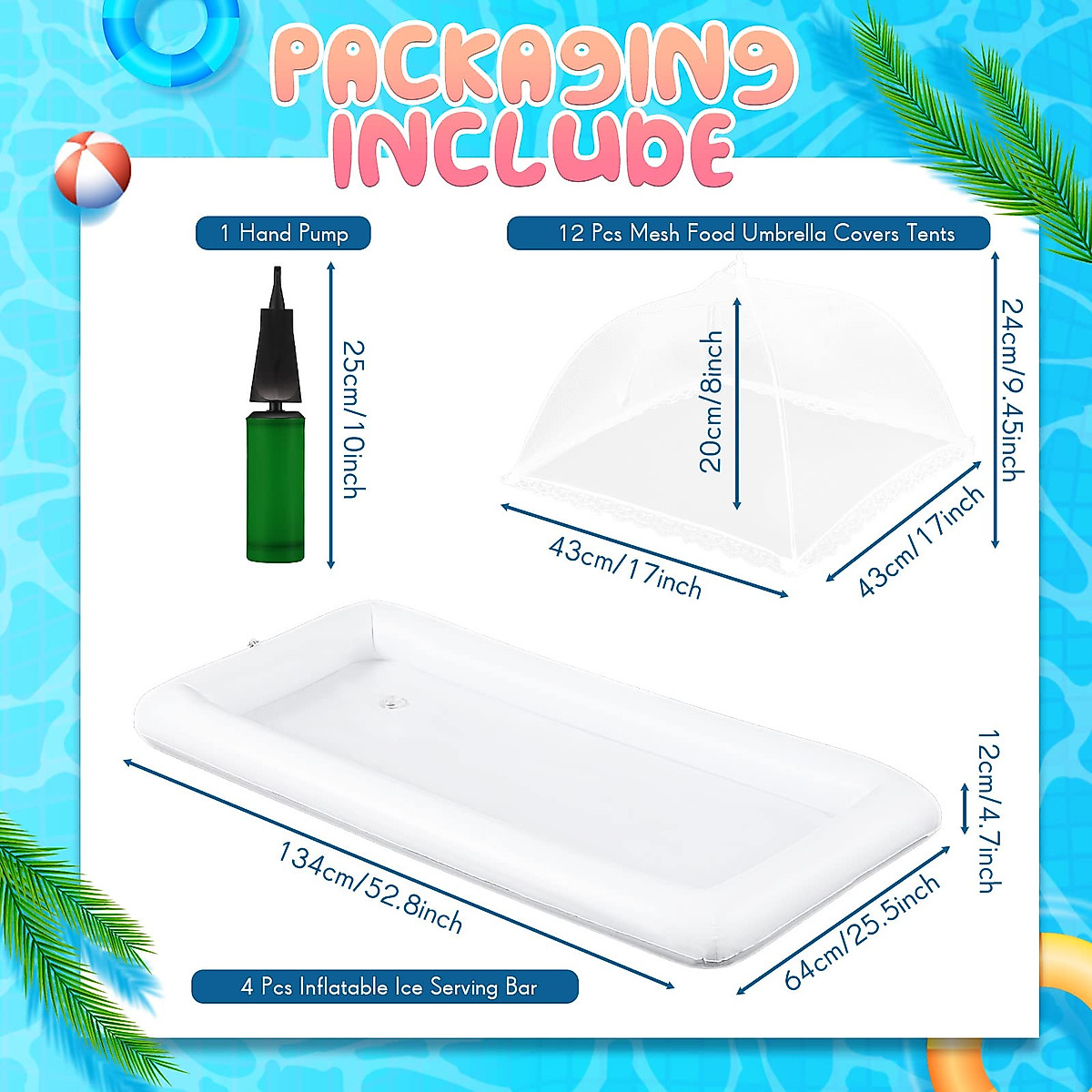 Didaey 4 Pieces Inflatable Ice Serving Bar Inflatable Cooler for Parties Floating Ice Tray Food Drink Containers 12 Pcs Mesh Food Umbrella Covers Tent Food Covers for Pool Party Outdoor Indoor Picnic