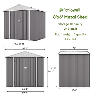 Patiowell 8x6 FT Outdoor Storage Shed, Metal Tool shed & Outdoor Storage with Lockable Doors & Air Vents, for Backyard Garden Patio, Gray