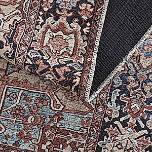 Neyland Machine Washable Living Room Area Rug - Oriental Traditional Persian Medallion Carpet - Vintage Bohemian Look - Dark Red, Burgundy, Blue - 9' x 12'