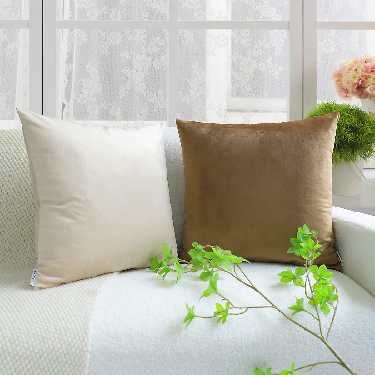 MEKAJUS Throw Pillow Covers 18x18 Set of 4 Decorative Pillow Covers Soft Velvet Pillow Covers Couch Pillows for Living Room Sofa Car Home Decor (Brown/Beige)