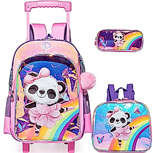 MYHSBYO Panda Rolling Backpack for Girls Kids School Wheels Backpack for Girls Sequin Backpack with Lunch Box Roller Backpack for Elementary School