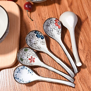 Japanese and Korean Ceramic Soup Spoons set of 5, Hand-Painted, Curved Spoons, Long Handle Rice Spoons