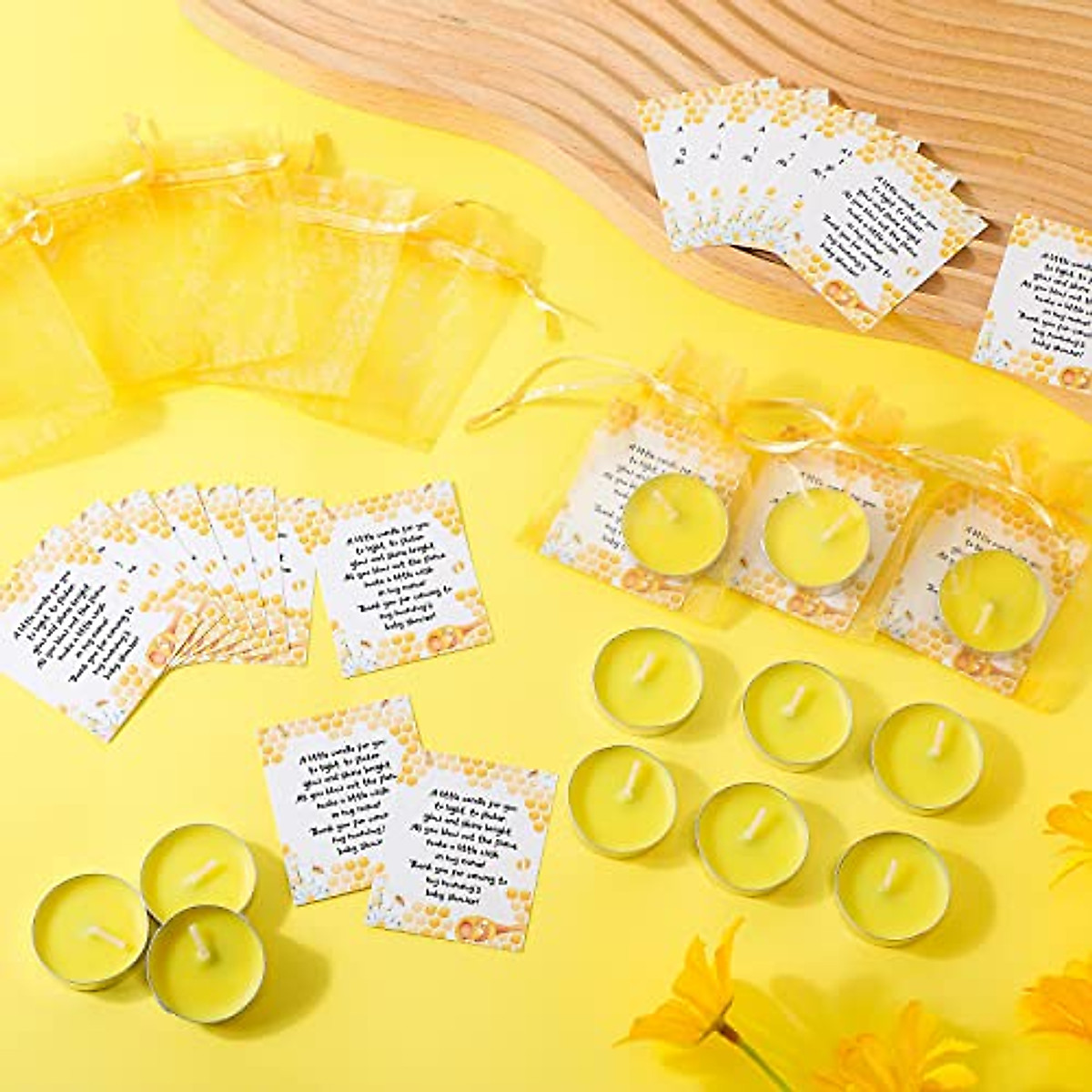 100 Sets Bee Theme Baby Shower Tealight Candles Unscented Yellow Candles Gender Neutral Gift Candles Bee Baby Shower Cards and Organza Bags for Guests Friends Baby Shower Gender Reveal Party Favors