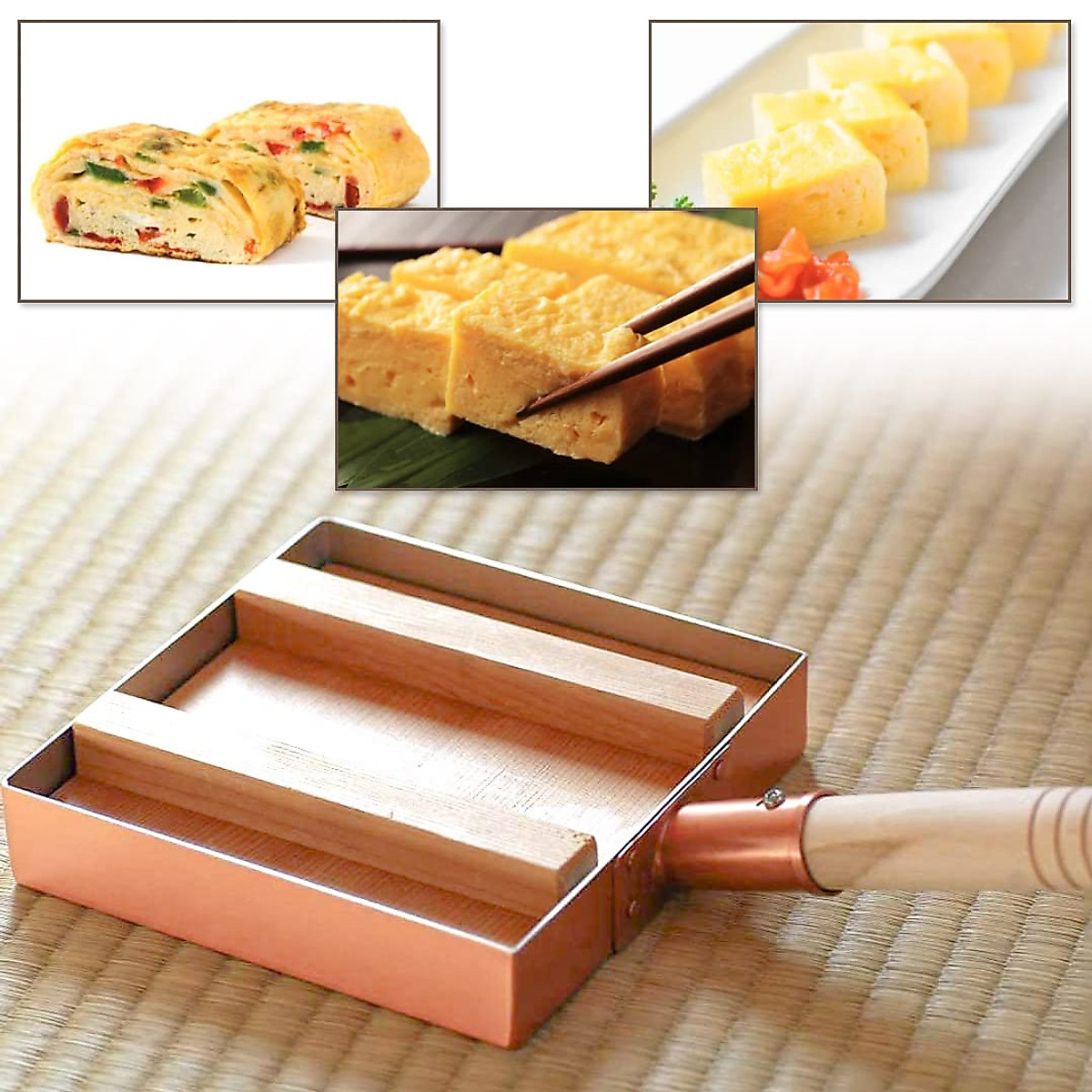 TIKUSAN Japanese Tamagoyaki Pan Omelets Copper Pan with Wooden Lid Made in Japan Square Frying Pan for Eggs 7.1 inch (18×18 cm)