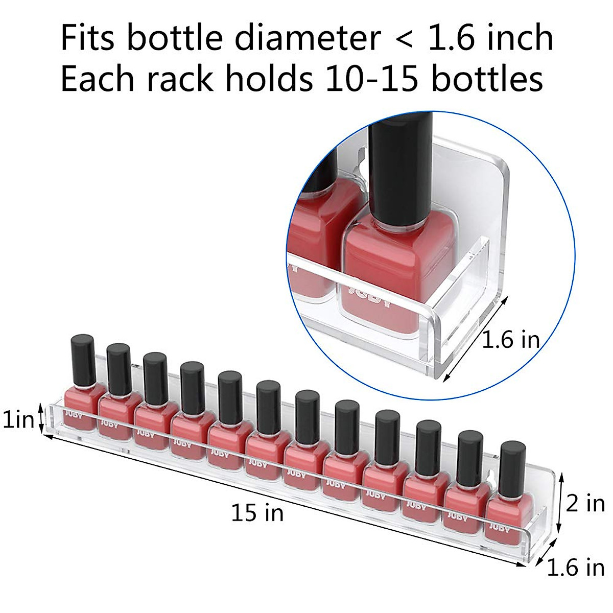 NIUBEE 6 Pack Nail Polish Rack Wall Mounted Shelf with Removable Anti-slip End Inserts, Clear Acrylic Nail Polish Organizer Display 90 Bottles