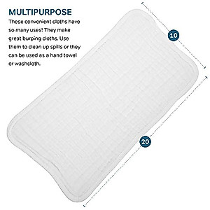 AllSett Health 10 Pack Muslin Burp Cloths Large 20" by 10" 100% Cotton, Hand Wash Cloth 6 Layers Extra Absorbent and Soft White