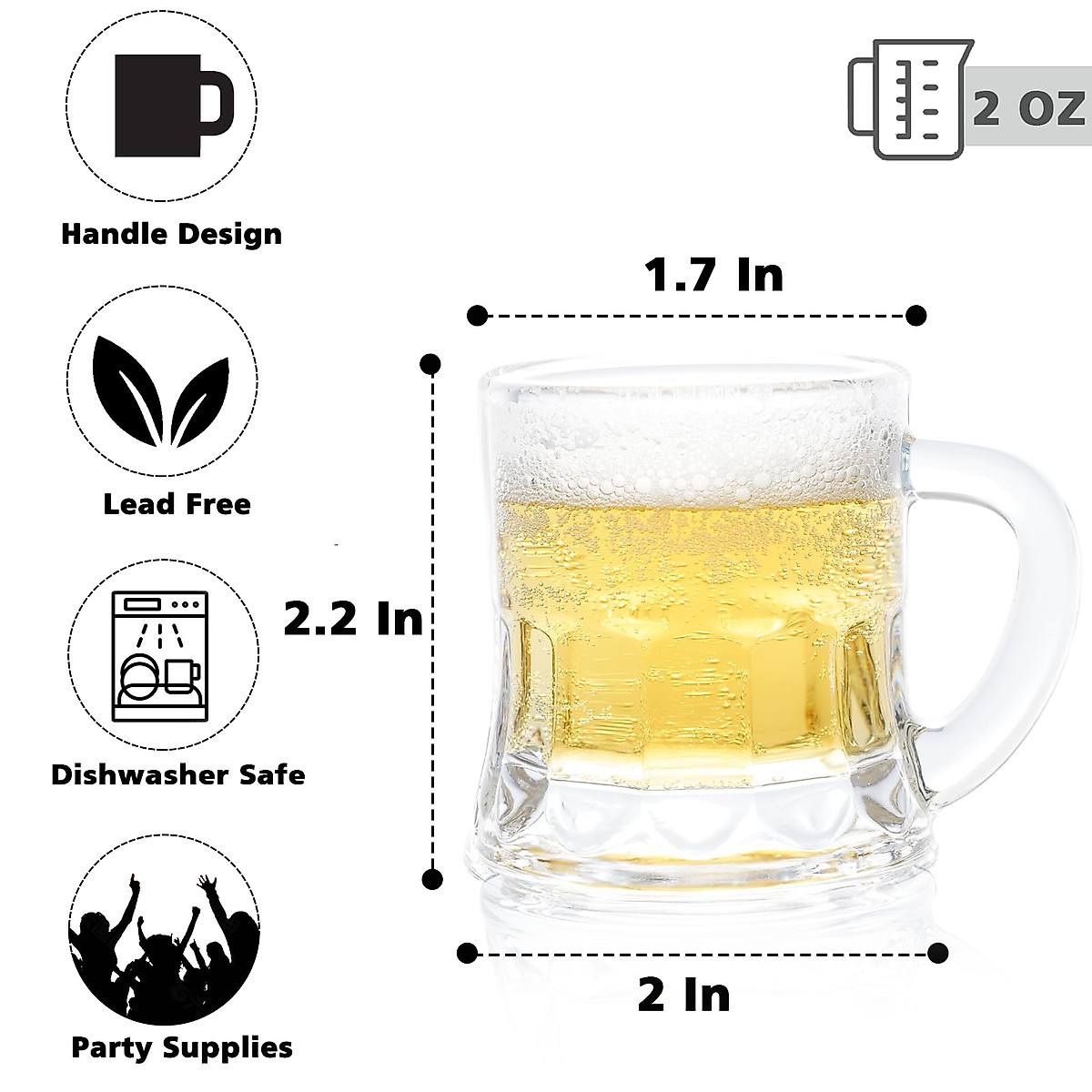 JUXINGDAZYF Mini Beer Mug Shot Glasses, Mini Beer Shot Glasses Set of 24, 2 Oz Mini Beer Mugs with Handles, Mini Glass Mugs for Beer, Whiskey, Tequila, Vodka