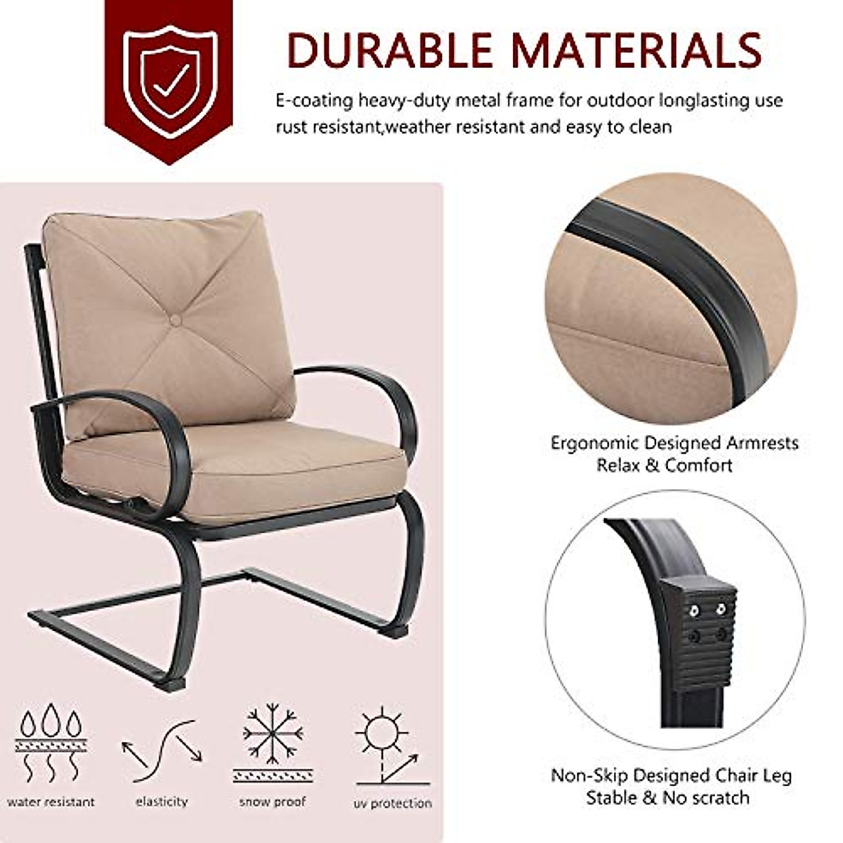 MFSTUDIO 7PCS Outdoor Patio Dining Set, 6 Spring Motion Chairs with Cushion, 1 Rectangular Expandable Table, Porch Lawn Backyard Garden Furniture Sets, Beige