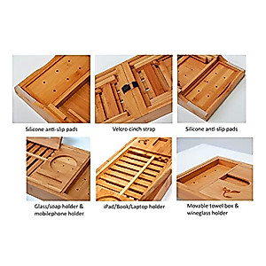 Bamboo Bathtub Tray & Bed Laptop Desk with Foldable Legs, Latest Unique Zen Design Bathtub Caddy, Top Quality Bamboo Bathtub Caddy Tray with Adjustable Legs, Wine Glass & iPad Holder by Bambooware