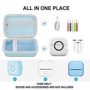 Supmay Hard Travel Case for Cabaro Mini Printer Sticker Thermal Printer, Bluetooth Portable Phone Printer Storage Holder Protection Case with Zipper Mesh Pocket fit Rolls Paper, Charging Cable, Blue