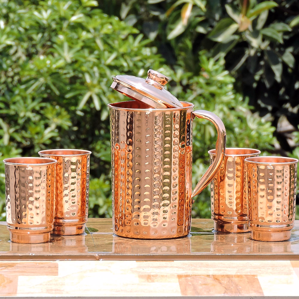 HealthGoodsIn - Pure Copper Hammered Pitcher with 4 Copper Tumblers | Hammered Copper Pitcher and Tumblers for Ayurveda Health Benefits