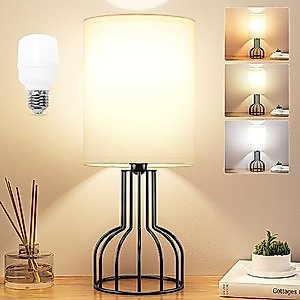 Bedside Table Lamp for Bedroom - Small Lamp with 3 Color Modes-3000K-4000K-5000K Nightstand Lamp with Simple Black Metal Base and White Fabric Shade for Kids, Living Room，Bedroom (LED Bulb Included)
