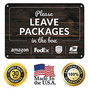 Package Delivery Sign, Please Leave Packages In The Box Wood Background, 10x7 Inches, Rust Free .040 Aluminum, Fade Resistant, Indoor/Outdoor Use, Made in USA by Sigo Signs