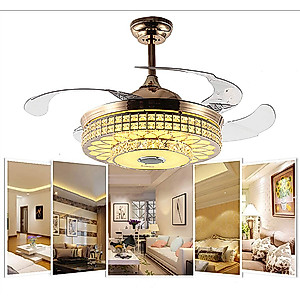 RuiWing 42" Luxury Crystal Fandelier Bluetooth Ceiling Fan with Light and Speaker, Modern Ceiling Fan Chandelier with Remote Control Retractable Invisible Music Player for Living Room