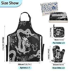 xigua Kitchen Linen Sets Cool Dragon Japanese Style Cooking Apron, 2 Potholders, 2 Oven Mitts, Kitchen Accessories for Cook Men Women Chef Decor
