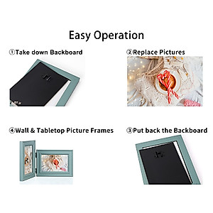 Tamolus 4x6 Double Hinged Picture Frame Folding Photo Frame Vertical and Horizontal in Teal Blue Pine Wood with Real Glass for Tabletop X3-LAN-SH46