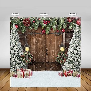 Lofaris Winter Christmas Backdrop Xmas Photography Backdrop Rustic Barn Wood Door Backdrop Xmas Tree Snow Gift Bell Kids Adult Family Supplies Banner Party Baby Shower Decoration Background 8x8ft