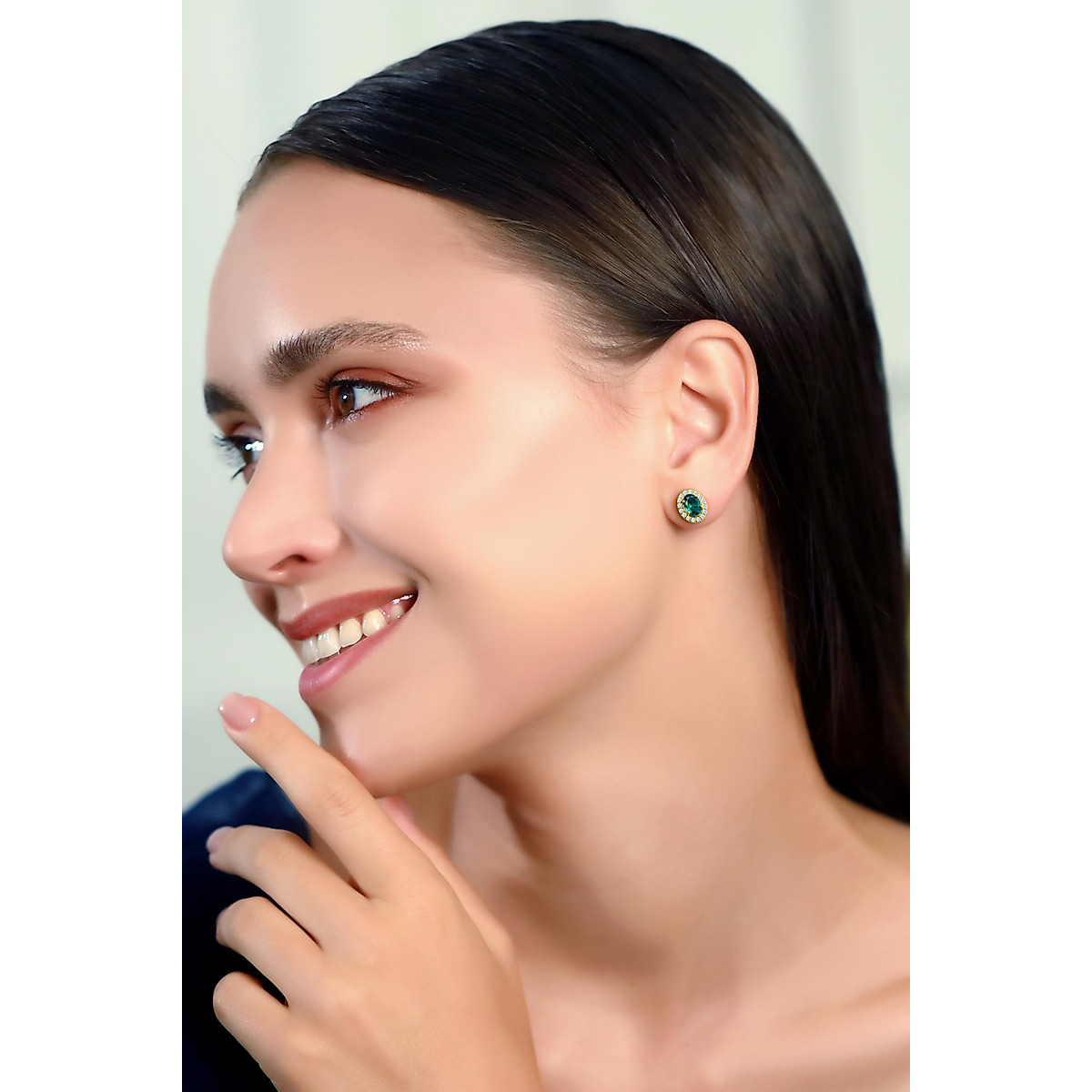 Yellow Gold Flashed Sterling Silver Simulated Emerald and Cubic Zirconia Accents Oval Halo Stud Earrings