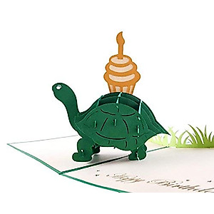 iGifts And Cards Unique Turtle With Cupcake Birthday 3D Pop Up Greeting Card - Funny Animal, Tortoise, Cake, Candle, Cool, Fun, Half-Fold, Belated Birthday, Happy Birthday, Celebration, Cumpleanos