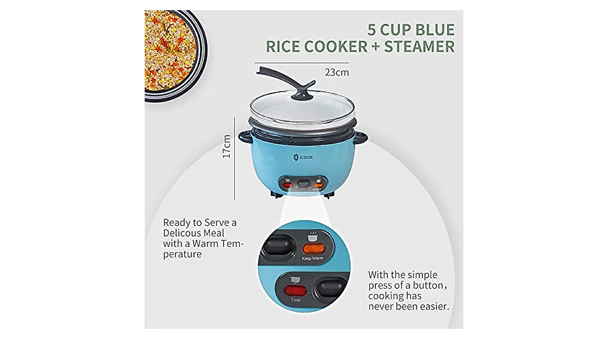 ICOOK Blue Rice Cooker 1L – Compact Multi-Function Grain & Food Steamer