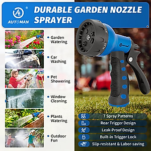 AUTOMAN-Garden-Hose-Nozzle,ABS Water Spray Nozzle with Heavy Duty 7 Adjustable Watering Patterns,Slip Resistant for Watering Plants,Lawn& Garden,Washing Cars,Cleaning,Showering Pets - Blue