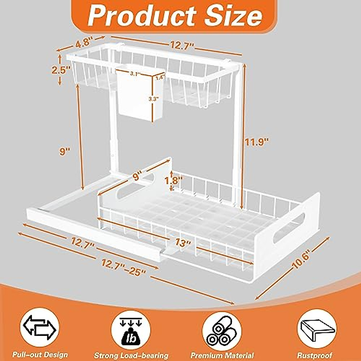 SPACEKEEPER Under Sink Organizer, 2-Tier Sliding Under Bathroom Sink Storage Pull Out Cabinet Organizer Metal Material Multi-purpose for Kitchen Bathroom, White, 2 Pack