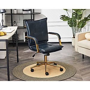 MOJAY Mid-Back Ergonomic Leather Office Chair, Modern Upholstered Executive Desk Chair with Gold Frame Armrest Computer Task Chair (DarkBlue)
