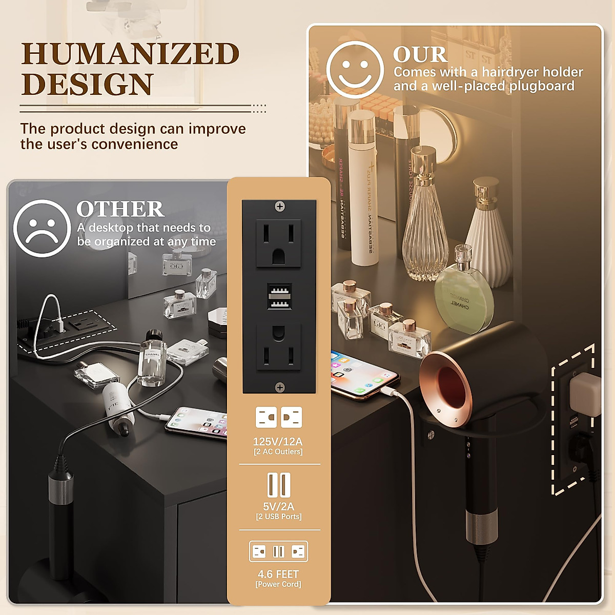 Furmax Make up Vanity Desk with Mirror and Power Outlet, Vanity with 3 Color Light Options Adjustable Brightness,Vanity Desk with 2 Drawers, 6 Storage Shelves (Black, with Bench)