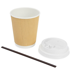 Juvale 100 Pack 8 oz Insulated Disposable Coffee Cups with Lids - Kraft Paper Cup with Stirring Straws for Hot Drinks, Beverages