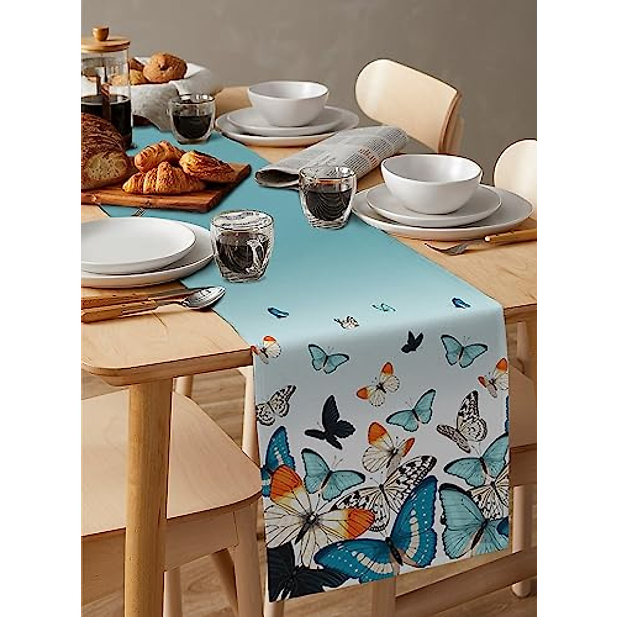 Lsrtoss Teal Ombre Table Runner 72 Inches Long Farmhouse Dress Scarves, Blue Orange Butterfly Modern Abstract Art Dining Tablerunner for Coffee Table/Kitchen Island/Party Décor, 18" x 72"