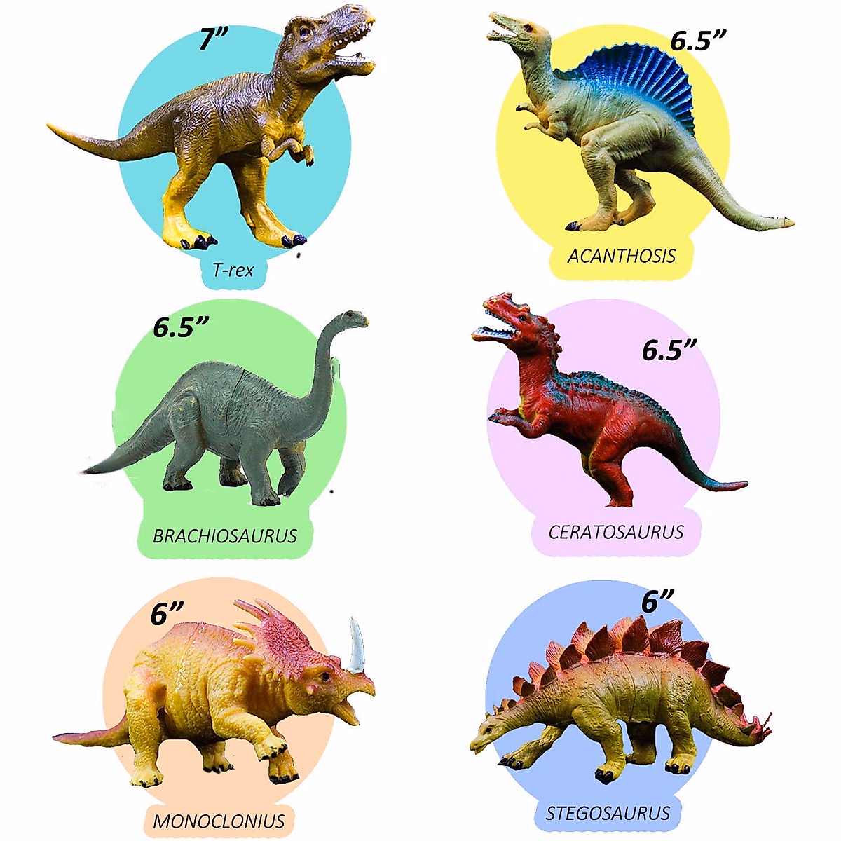 OuMuaMua Dinosaur Toys, Plastic Dinosaur Figure Set, Ideal Education Toys for Kids and Toddler, Including T-Rex, Stegosaurus, Monoclonius, 6 to 7 Inch Large Size, 6 Pack