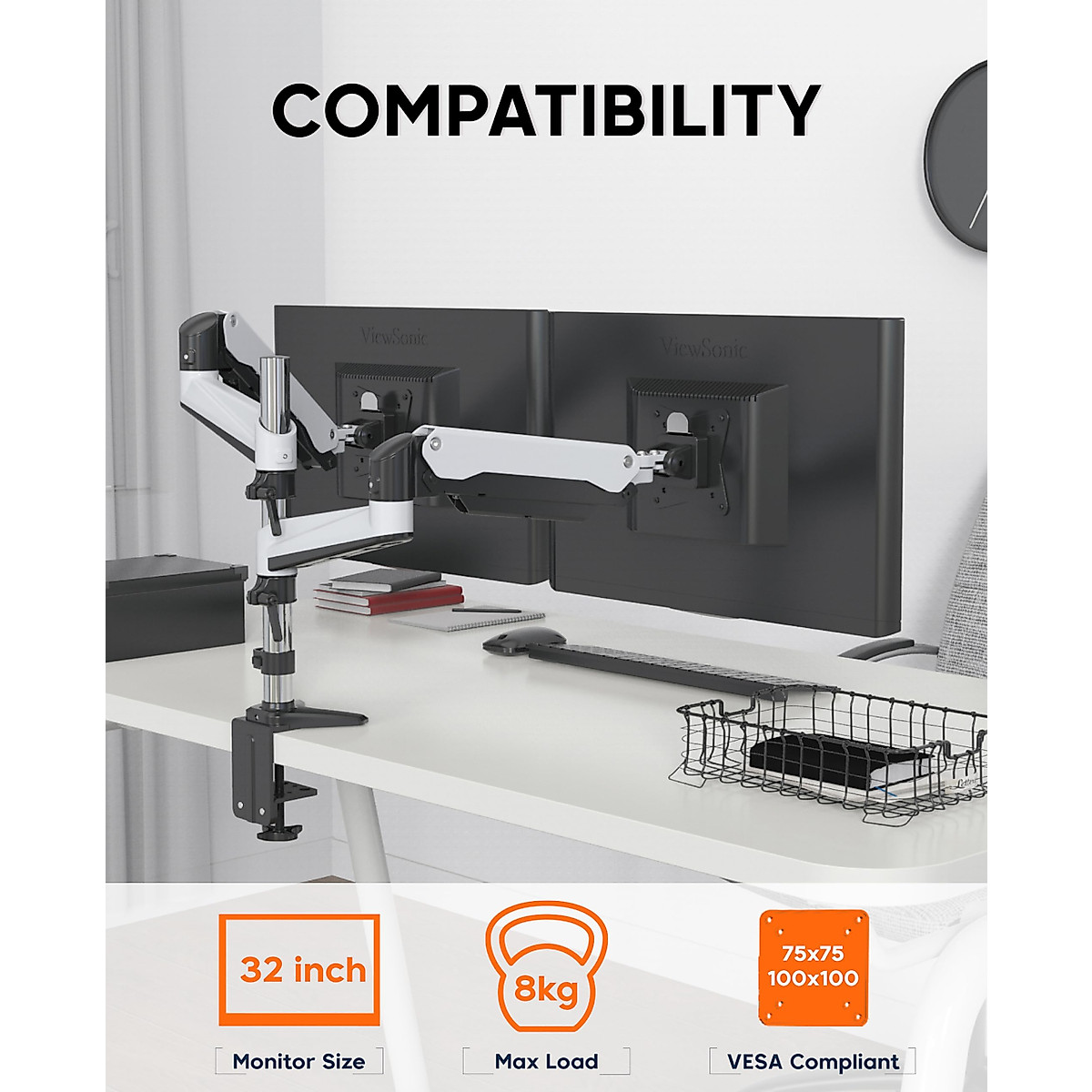 SHOPPINGALL Fully Adjustable Dual Gas Spring LCD Monitor Mount Stand with 2 Arm for 15”-32” Monitors, Clamp and Grommet Mounting Options in The Box, 6 ft HDMI Cable included - SA-GA24-White