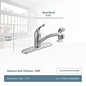 Moen Chateau Chrome One-Handle Low-Arc Kitchen Sink Faucet with Side Sprayer, 4 Hole Kitchen Faucet, Separate Flexible Pull Out Spray Head, for Commercial, Laundry, Utility, 7430