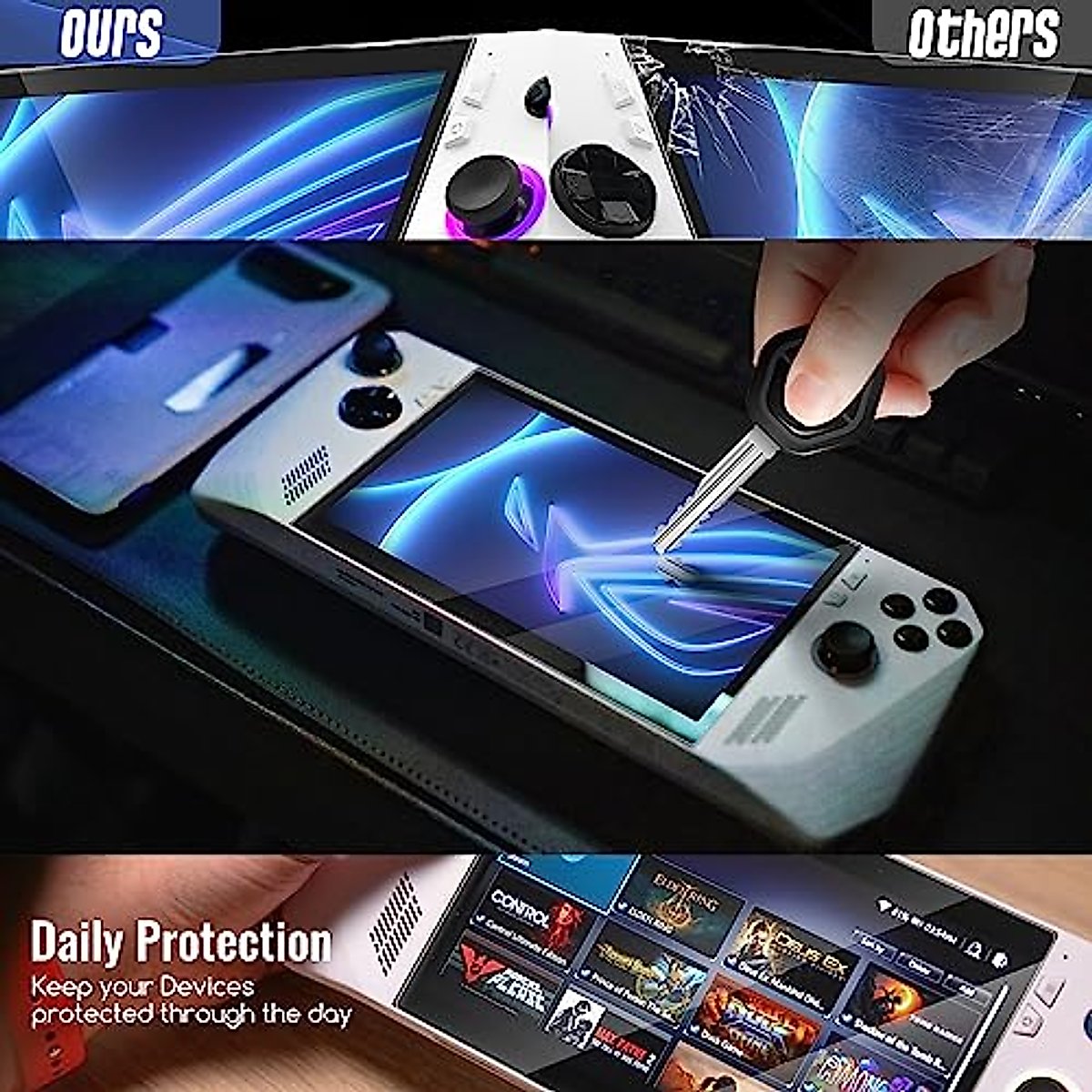 Orzero (3 Pack Compatible for ROG Ally (Upgraded) Tempered Glass Screen Protector, (Full Coverage) Anti Scratch 9 Hardness 2.5D Arc Edges Bubble-Free (Lifetime Replacement)