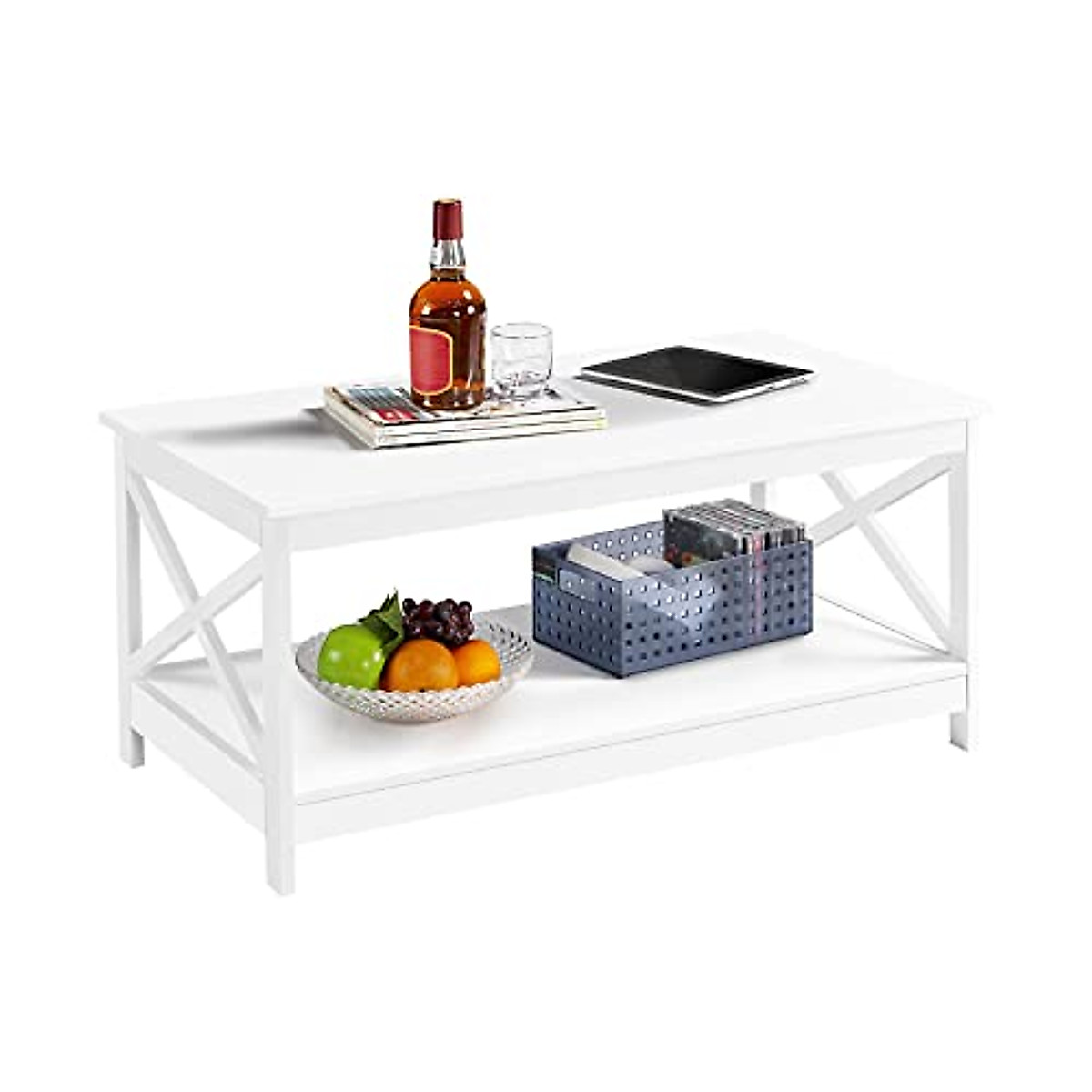 Yaheetech Wood 2-Tier White Coffee Table with Storage Shelf for Living Room, X Design Accent Cocktail Table, Simple Design Home Furniture, 39.5 x 21.5 x 18 Inches