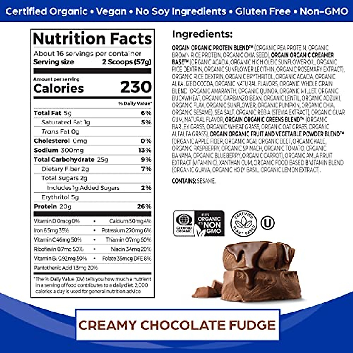 Vegan Protein Meal Replacement Powder by Orgain - 20g of Protein, Certified Organic and Plant Based, No Gluten, Soy or Dairy, Non-GMO, Creamy Chocolate Fudge, 2.01lb (Packaging May Vary)