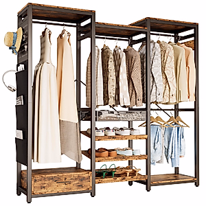 IRONCK Clothes Rack with 3 tier Shelves for Shoes & 2 Drawers, Heavy Duty Garment Rack with Hanging Rods, Closet Organizers and Storage, Vintage Brown