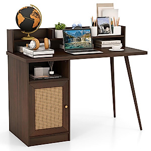 Tangkula Mid Century Desk with Hutch, 48” Writing Study Desk with PE Rattan Storage Cabinet & Shelves, Laptop PC Desk with Rubber Wood Legs, Compact Computer Workstation for Home Office (Brown)