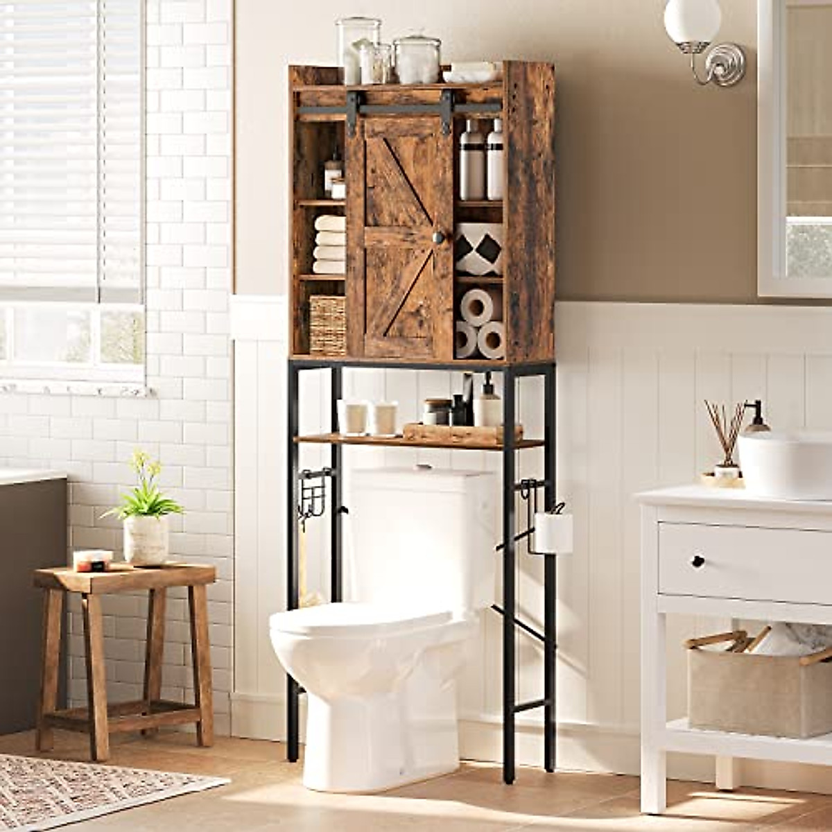 HOOBRO Over The Toilet Storage Cabinet, Large Capacity, 5 Tier Over Toilet Bathroom Organizer with Sliding Door, Bathroom Shelves Over Toilet with Paper Hook, Easy Assembly, Rustic Brown BF48TS01
