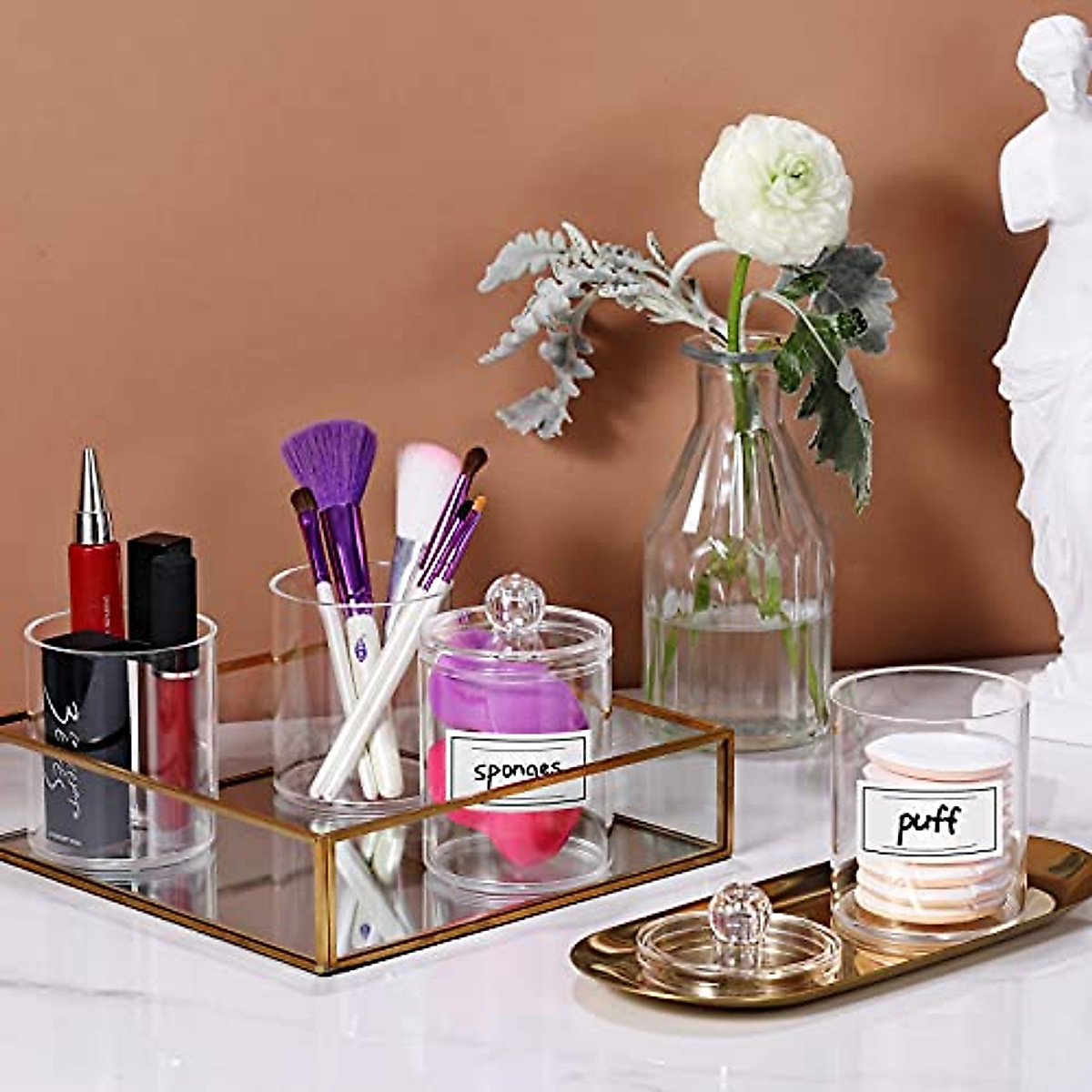 2 Pack Dustproof Storage Box for Cotton Ball, Cotton Swab, Cotton Round Pads, Floss - 10 Oz Clear Plastic Apothecary Jar Set for Bathroom Canister Storage Organization, Vanity Makeup Organizer