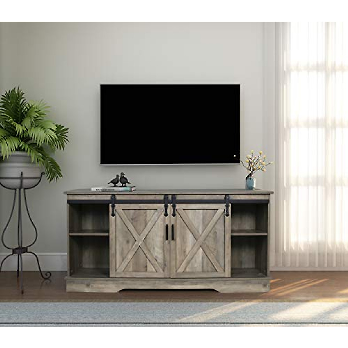 GHQME Sliding Barn Door TV Stand，58 Inch Storage Table，Wood Universal Stand，Living Room Storage Shelves Entertainment Center